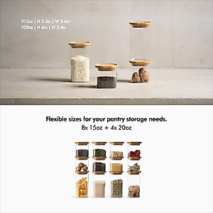 KIVY Square glass jars with bamboo lids [Set of 12] 4x 20oz + 8x 15oz - Square glass containers with bamboo lids - Clear Jars Glass canisters with airtight lids - Glass storage jars with airtight lids