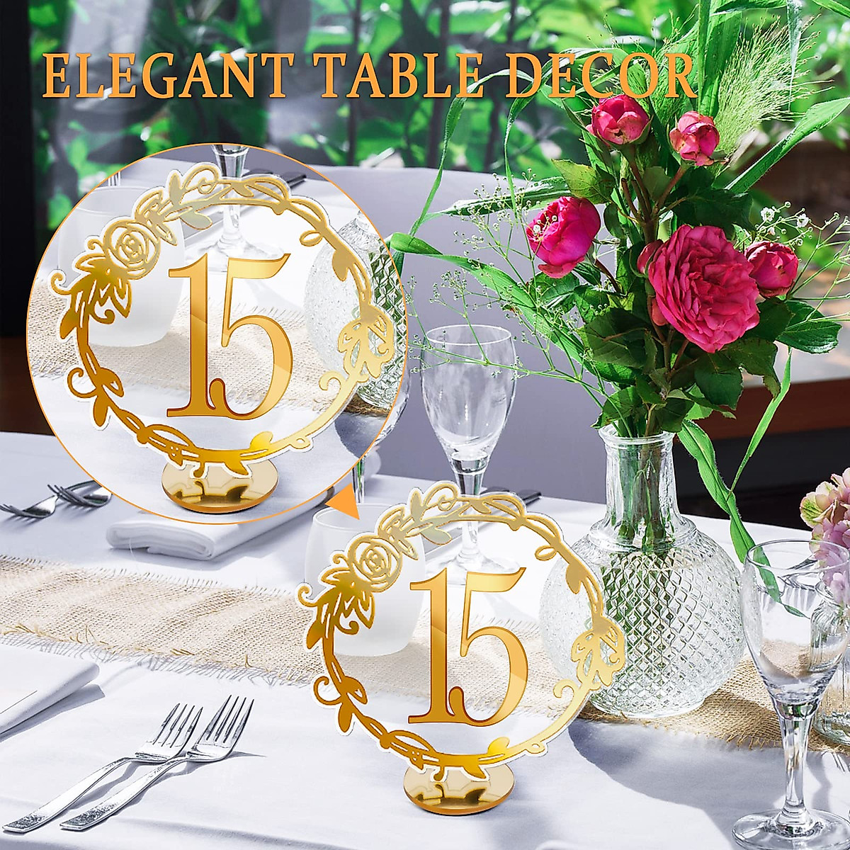 NAWTOR 20Pcs Gold Acrylic Table Numbers Lace Table Numbers With Stands Holder Base Elegant Mirror Table Numbers for Wedding Party Event Catering
