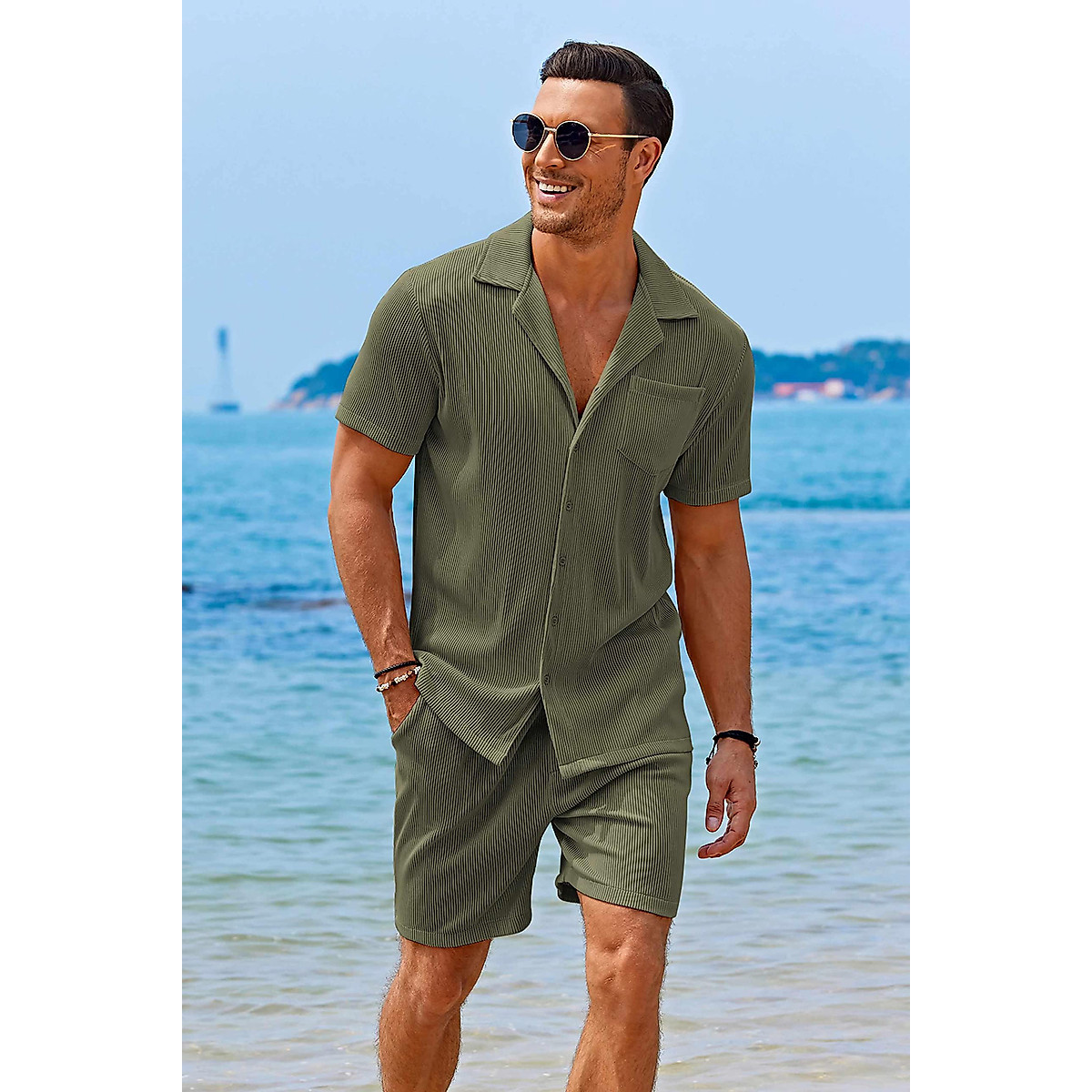 COOFANDY Men's 2 Pieces Shirt Sets Short Sleeve Casual Button Down Hippie T-Shirts Shorts Sets Summer Fashion Beach Outfits