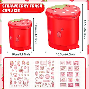 Tessco 2 Pieces Strawberry Desk Trash Can Cute Mini Countertop Trash Can with Lid Kawaii Small Garbage Can Plastic Waste Bin with Sticker for Car Office Home Bedroom Bathroom Kitchen Decor(Red)