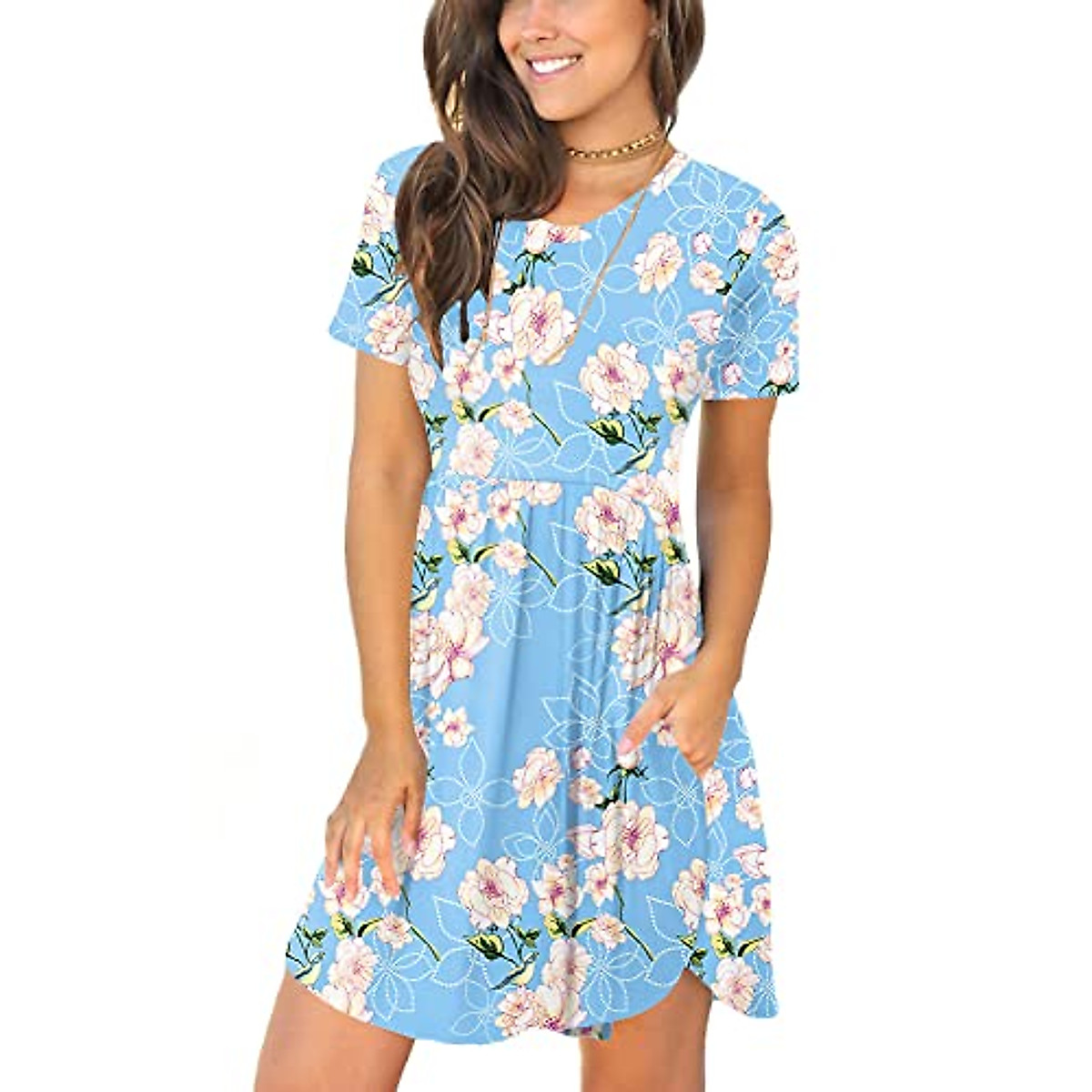 LONGYUAN Woman Casual Swing Sundresses Short Sleeve Loose Beach Dresses with Pockets Floral Small