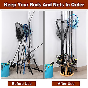 PLUSINNO V12 Fishing Rod Holders for Garage, Vertical Fishing Pole Holders Wooden Round Floor Stand, Fishing Rod Rack Holds up to 12 Rods or Fishing Nets Storage Organizer Racks, Fishing Gifts for Men