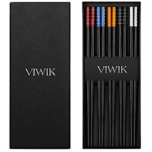 VIWIK 5 Pairs Fiberglass Premium Chopsticks Cute Diamond Patch Reusable Chopsticks Easy to Use Lightweight Japanese Korean Chopstickst Dishwasher Safe Matte Anti-slip Gift Sets with Box, 9.6 inch