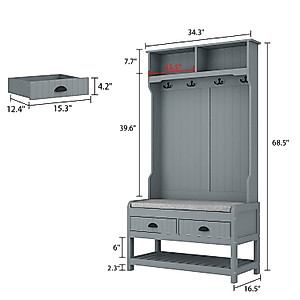 Homsee Modern Hall Tree with Storage Bench, 4-in-1 Entryway Bench with Coat Rack, Tall Hall Tree with 4 Metal Double Hooks, Shelves & 2 Drawers for Hallway, Living Room, Grey