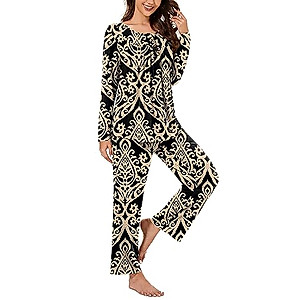 Bestbee Womens Pajama Set, 2 Piece Lounge Outfits Pleated Sleepwear Sets Long Sleeve With Pockets Ladies Pjs, L, Floral Khaki-black