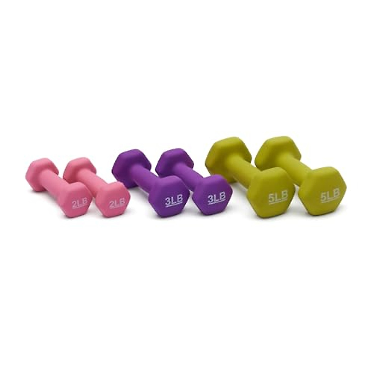 Amazon Basics Neoprene Coated Hexagon Workout Dumbbell Hand Weight, Rack with 2, 3, and 5 pound, Set of 3, Total 20 lb, Pink/Purple/Green