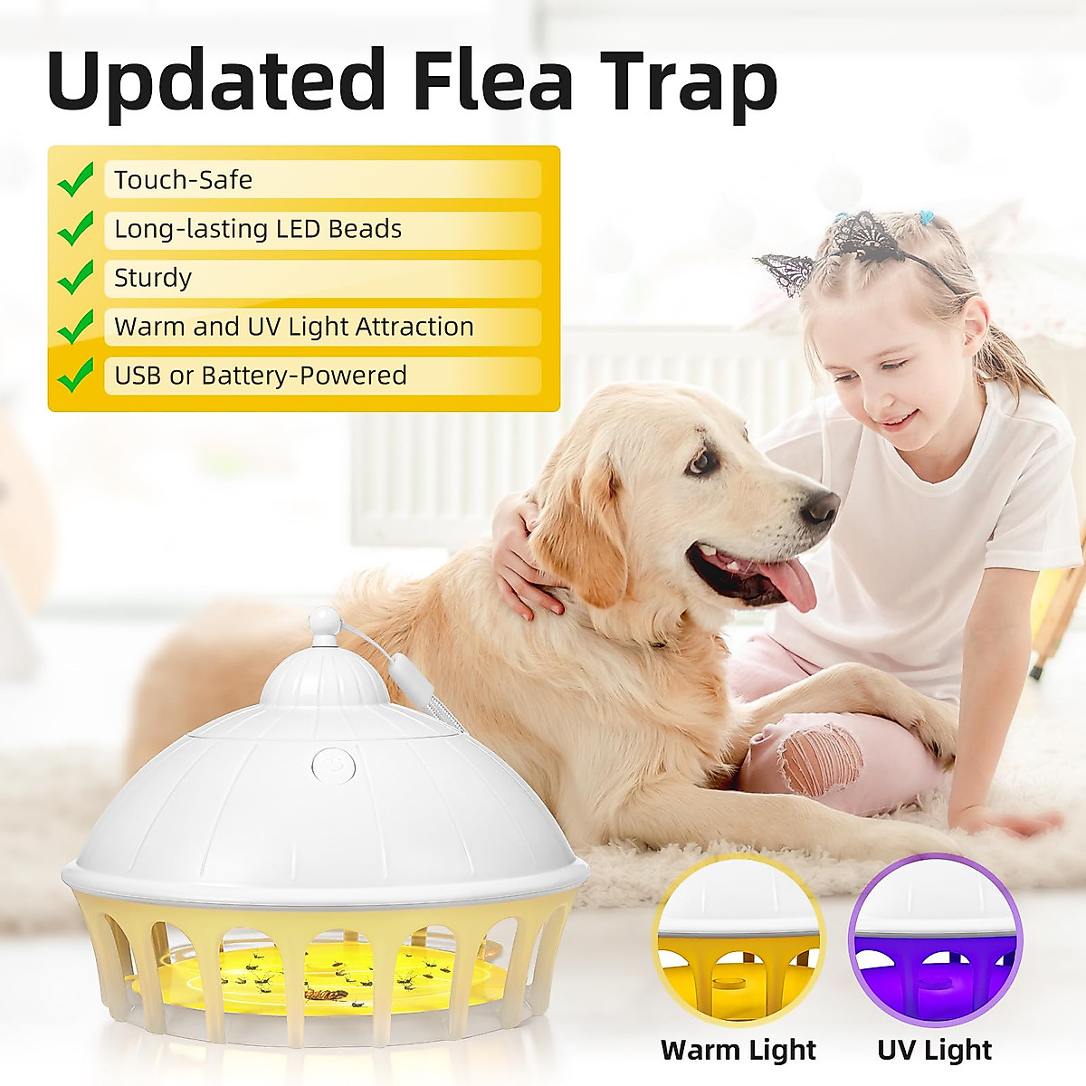 Upgraded Flea Traps for Inside Your Home,Flea Treatment with Light and 5 Flea Trap Refills,Flea Light Trap for Indoor,Flea Bombs for Home,Flea Killer Traps for Home, Friendly to Pets & Children