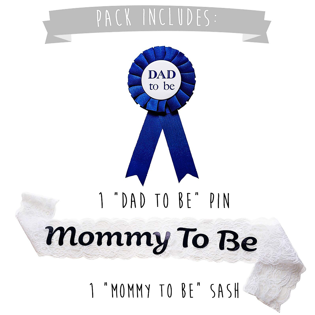 Sterling James Co. Mommy To Be White Lace Sash and Dad To Be Pin Pack - Baby Shower Decorations, Welcome Baby, Baby Sprinkle