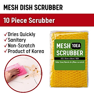 UNHA's Dish Scrubber Cloth - Mesh Dishwashing Scouring Pad for Kitchen - Non-Abrasive, Non-Absorbent, Quick Dry, Odorless Polyester Scrubbing Dish Net Cloths - 10 Pack