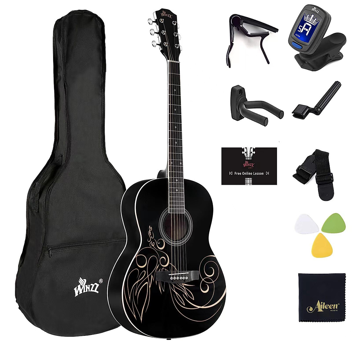 WINZZ AF227A 39 Inches Concert Acoustic Acustica Guitar with Full Kit, Delicate Vine