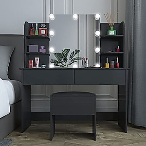 AVZEAR Vanity Set with LED Lighted Mirror, Large Vanity Dressing Table with Cushioned Stool Makeup Vanity Mirror with Lights, Black