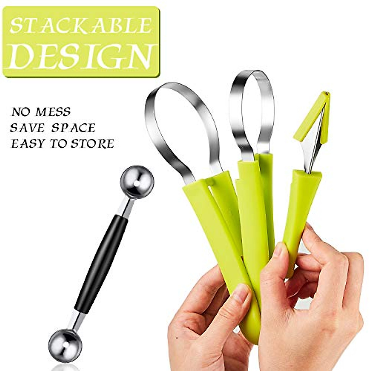 2 Pieces Melon Baller Scoop Set, 4 In 1 Stainless Steel Fruit Scooper Seed Remover Melon Baller Carving Knife Double Sided Melon Baller for Watermelon Ice Cream