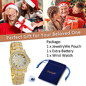 JewelryWe Men Women Watches Stylish Rhinestone Round Quartz Watch Gold Plated Stainless Steel Wristwatch