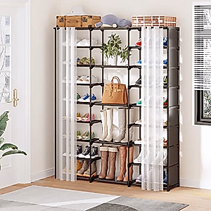 Buzowruil 9-Tier Large Shoe Rack - Metal Shoe Storage Tower with Curtain for Entryway, Holds 50-55 Pairs, Black