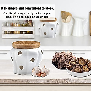 MEKBOK Garlic Keeper,Garlic Keeper for Counter,White Ventilated Garlic Container,Ceramic Garlic Storage Container with Bamboo Lid