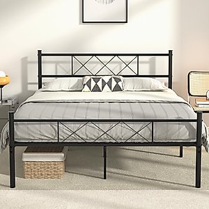 VECELO Queen Metal Platform Bed Frame with Headboard & Footboard, Steel Slats Mattress Foundation, No Box Spring Needed,Black