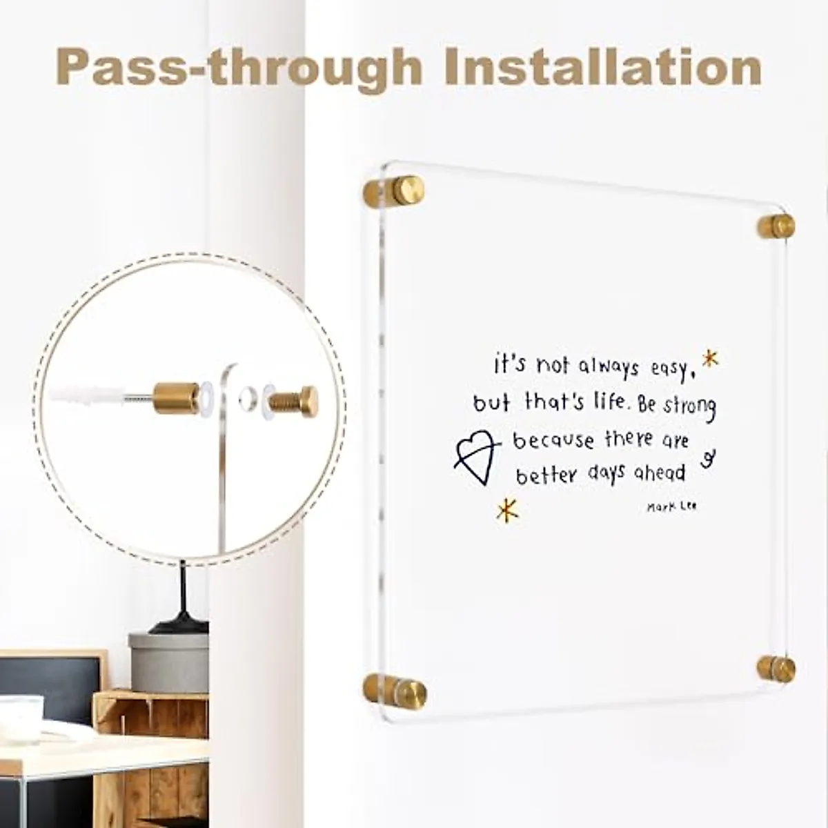 AMUSIGHT Clear Acrylic Dry Erase Board，12" X 12" Golden Non-Magnetic Acrylic White Board for Wall，Clear Erasable Acrylic Board for Office, School or Home，2 Markers