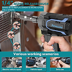 Powilling Impact Driver Kit - 20V Electric 1/4 Inch Hex Impact Drill/Driver Set，2 Variable Speed, with 6.0Ah Battery and Charger, 14Pcs Socket and Tool Case Includ
