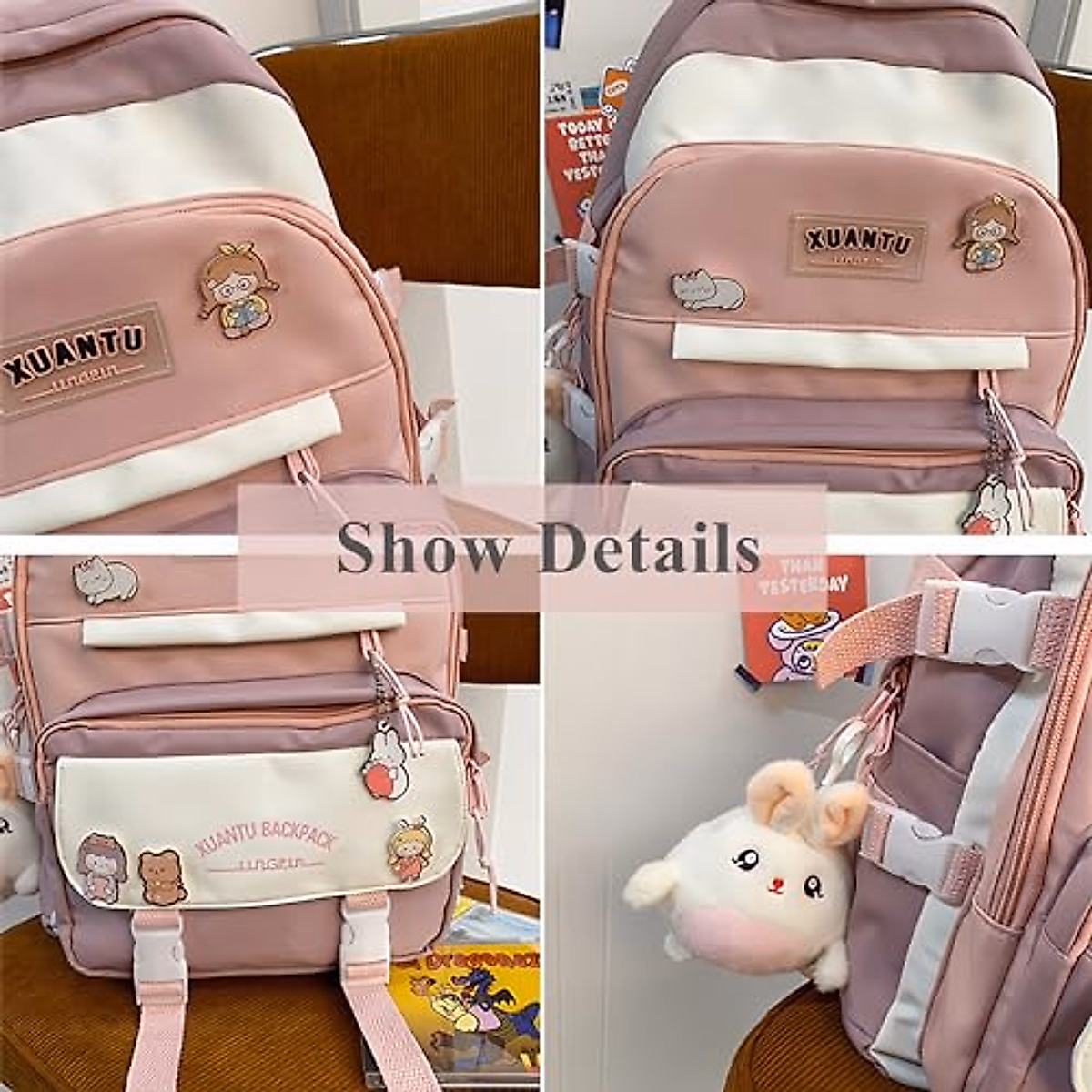 Kawaii Girls Backpack with Pins and Accessories Cute Kids Aesthetic Backpack Teen Bookbags Casual School Bag with Plush Pendant