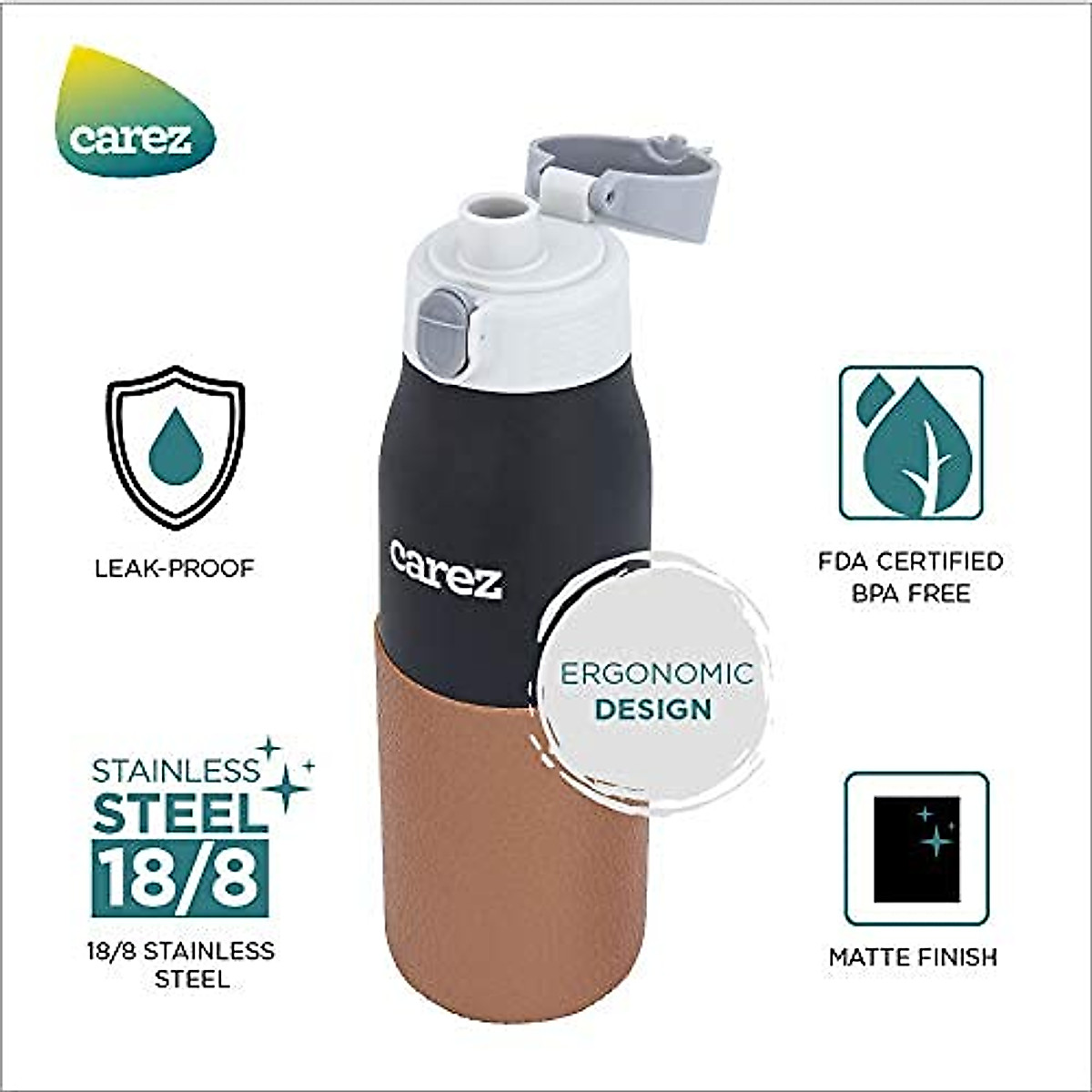 CAREZ SUPERLIGHT Insulated Stainless Steel 100% BPA-Free Leakproof Water Bottle for Office, Gym, Travels with Temperature Retention - Superlight, Anti-slippery, Vacuum Flask (Black Onyx)