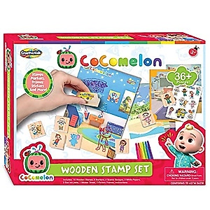 Cocomelon Stamp Set by Creative Kids- 36+ Piece Wooden Stamps Set Includes Ink Pads, Stickers, Markers, Picture Frames - Montessori Wood Stamp Birthday Gift Set for Girls Boys Toddlers Ages 3+