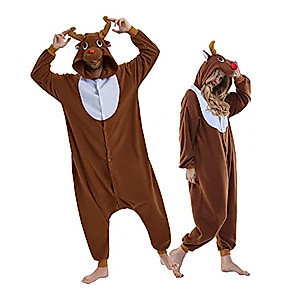 NEWCOSPLAY Unisex Adult Coffee Reindeer Onesie Plush One Piece Pajamas Christmas Costume(Small, Coffee Reindeer)