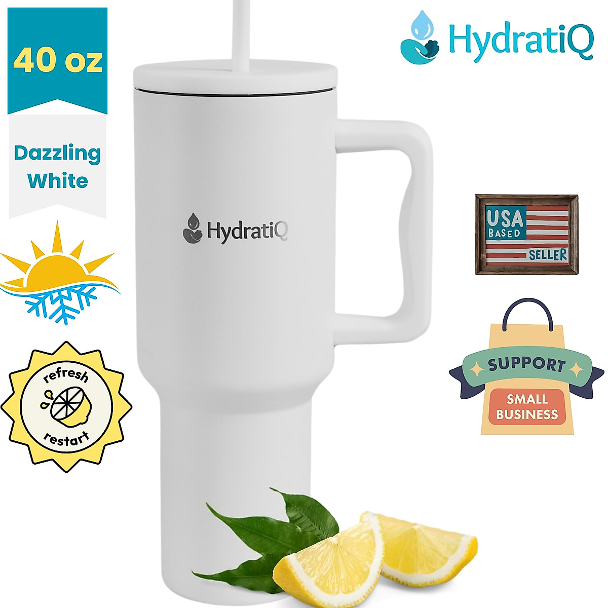 HydratiQ 40 oz Tumbler with Handle and Straw Spill Proof Insulated Water Bottle Leak Proof Stainless Steel Cup Holder Travel Mug Hot Cold Vaso Termico