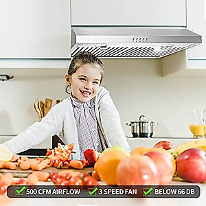 SNDOAS Under Cabinet Range Hood 30 Inch with 3 Way Venting,Stainless Steel Range Hood w/Baffle Filters,Ductless Range Hood 500 CFM,Kitchen Vent Hood,Under Cabinet Hood,3 Speed Exhaust Fan