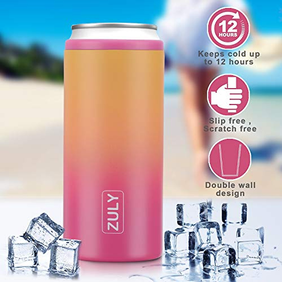 Zuly - 12oz Insulated Can Cooler for Slim Beer & Hard Seltzer Stainless Steel Double Wall Vacuum Insulated Drink Holder Pink for Slim Truly White Claw Henrys Bon Viv Corona Red Bull