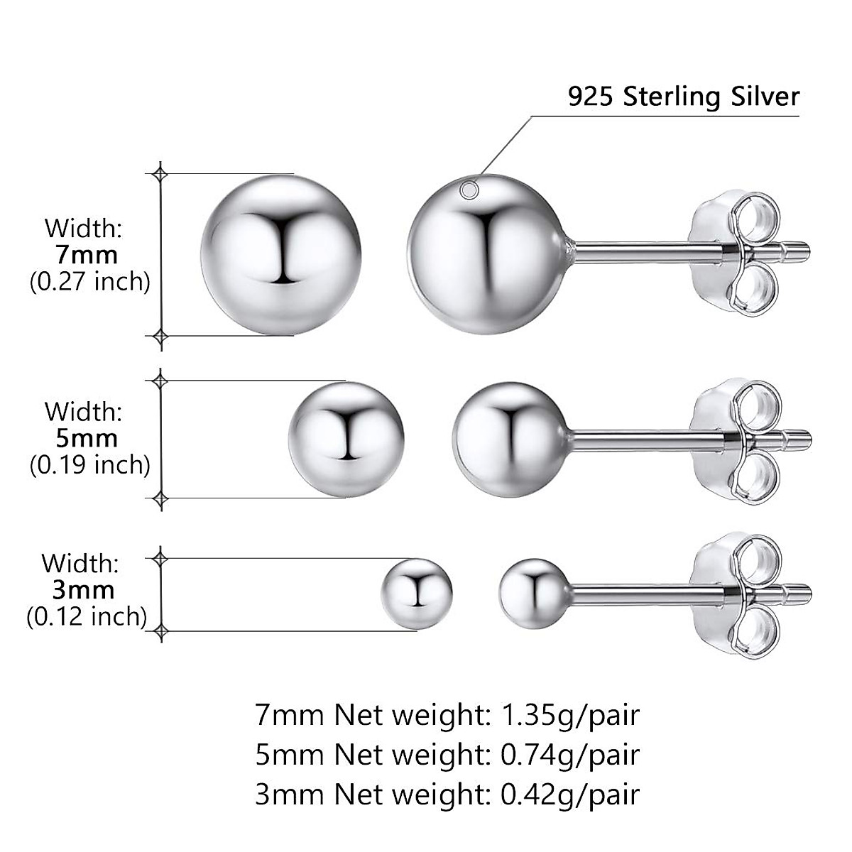 925 Sterling Silver Ball Stud Earrings Second Hole Earrings 7mm Sphere Second Ear Piercings Men Women Jewelry