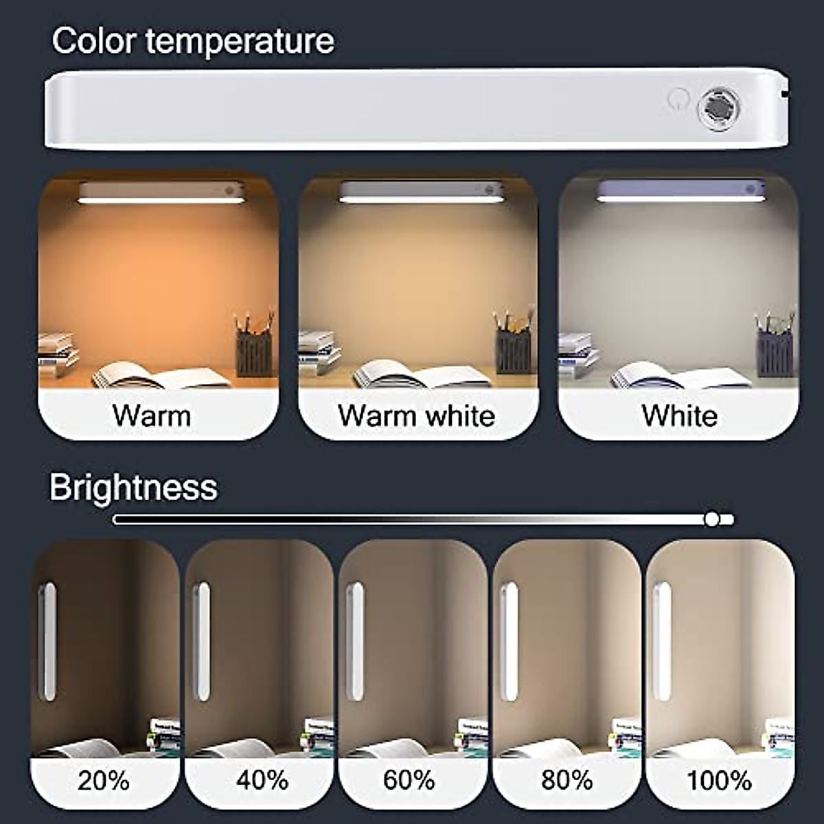 Ousam Led Desk Light Under Cabinet Lights Cordless Protable for Home Office with USB Charging Touch Magnetic for Books in Bed Study Table Built-in Rechargeable Battery (White)