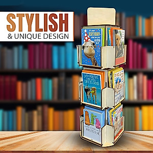 Rotating Greeting Card Display Stand, 3 Tier Wooden Organizer, 4-Sided Display Rack Spinning Multi-Pocket Display for Coasters, Stickers, Retail, Tradeshow - A4, A6, A7, 5"x7", 4 bar (Natural)