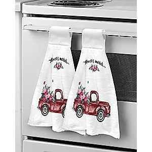 Hanging Hand Towels Kitchen Towel Spring Red Car with Flowers and Green Leaves Bathroom Hand Towels with Loop Tie Towels Soft,Absorbent Tea Bar Towels,2pcs
