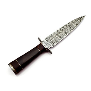 Nooraki DK-347 Handmade Damascus Steel Fixed Blade Dagger Knife with Leather Sheath, Multipurpose Knife with Coloured Bone and Rosewood Handle for Hunting, Hiking, Camping, Survival, 11 length