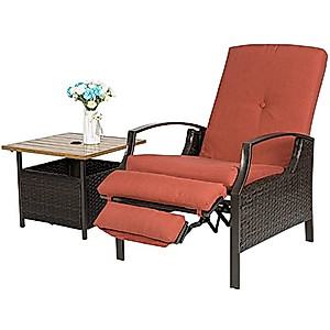 ALIMORDEN Patio Wicker Adjustable Recliner Chair, Steel Frame Rattan Sofa with Thick Removable Cushion, Outdoor Relaxing Lounge Chair for Porch, Backyard, Garden, Water Resistant, Red