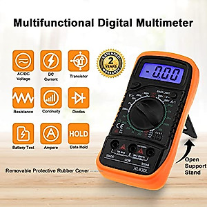 Digital Multimeter Voltmeter Battery Circuit Multi Tester OHM Volt Amp AC DC Voltage Current Continuity Resistance Diodes Electrical Test Meter with Test Leads LCD Display
