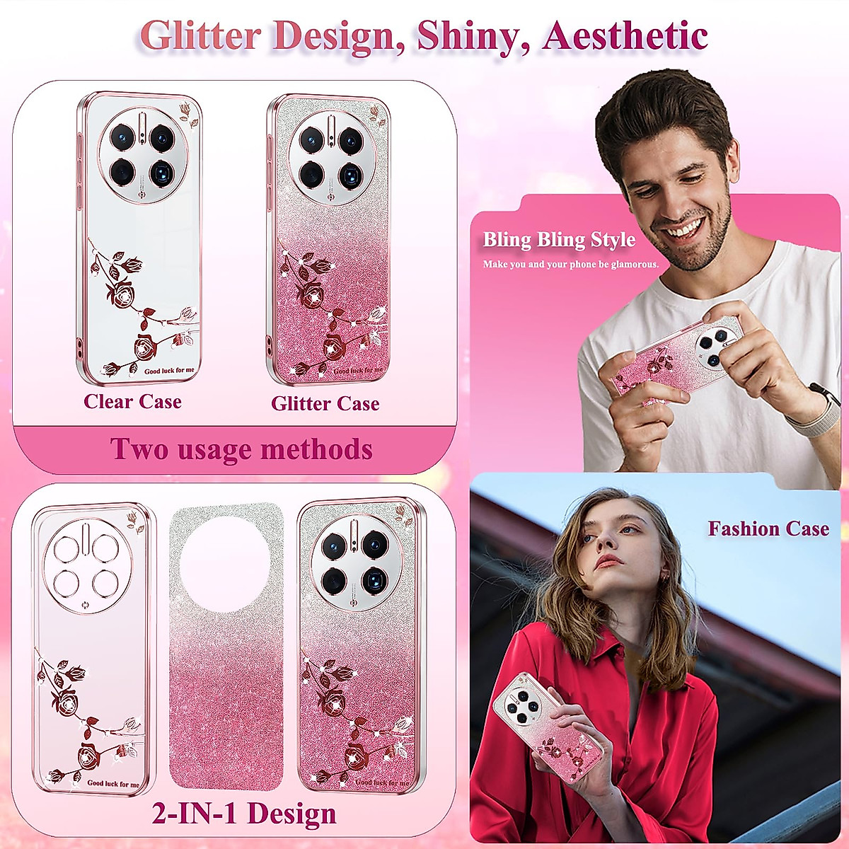 Yarxiawin for Huawei Mate 50 Pro Case Clear Glitter Sparkle Aesthetic Huawei Mate 50 Pro Phone Case Silicone Soft Flower Transparent Shockproof Cover Purple Slim (Pink)