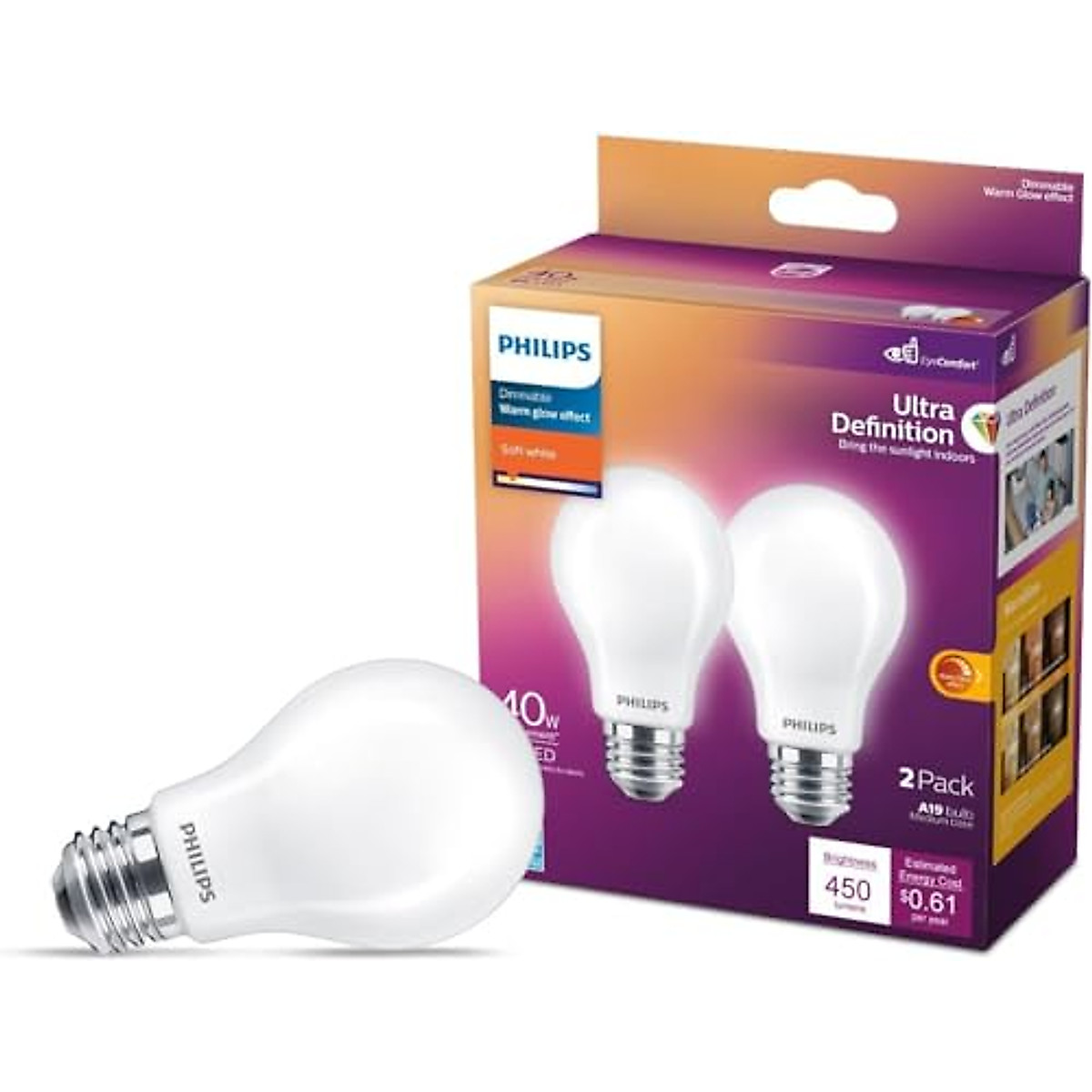 Philips LED A19 Ultra Definition Frosted Dusk to Dawn Light Bulbs - Flicker-Free 40w Light Bulbs with EyeComfort Technology - Soft White Lightbulb - 450 Lumen - E26 Base - 8 Pack