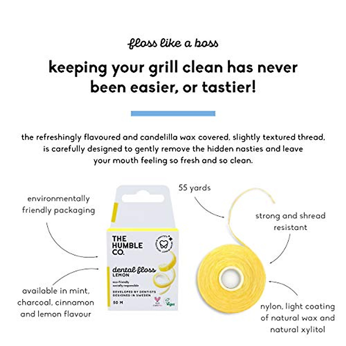 The Humble Co. Dental Floss (4pack) - Vegan, Waxed Dental Floss with Xylitol, 55 Yards of Adult and Kids Floss for Gum Care and Dental Care (Lemon)