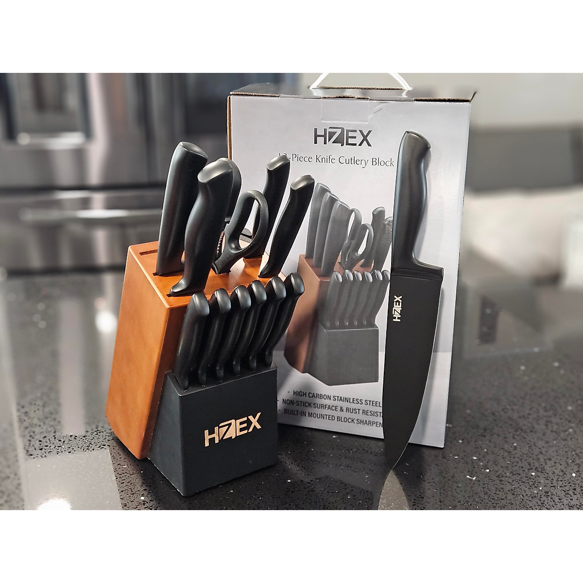 HZEX Premium Kitchen Knife Set, 13-Piece Knives Set in Block, Built-in Sharpener, High Carbon Stainless Steel Knives in Matte Black, Durable Chef's Butcher Steak Paring Utility Bread Knifes