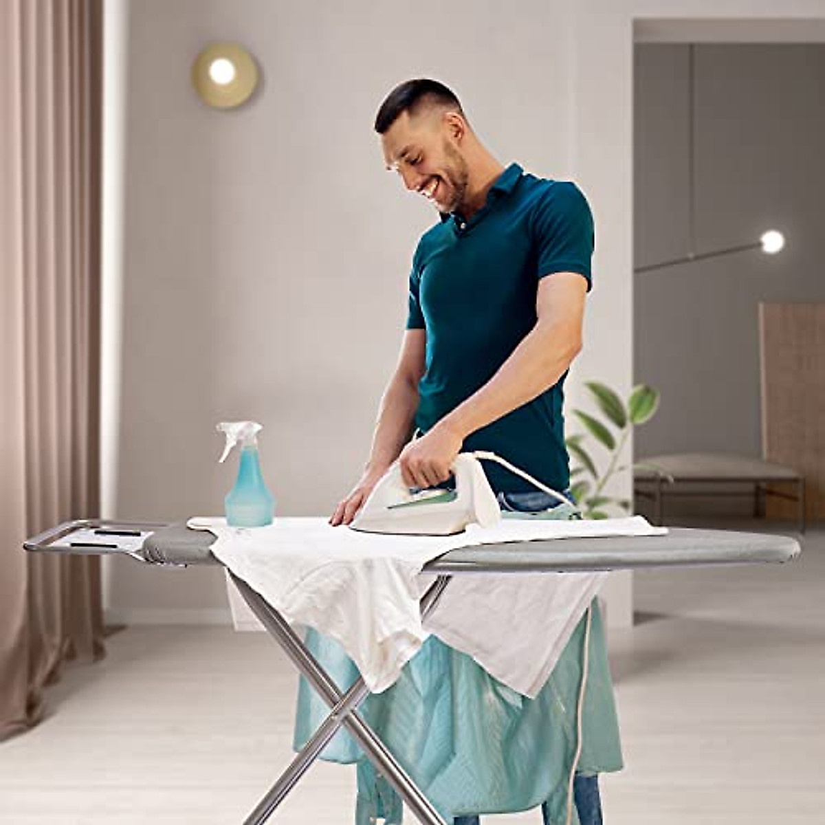 BKTD Ironing Board, Heat Resistant Cover Iron Board with Steam Iron Rest, Non-Slip Foldable Ironing Stand. Heavy Sturdy Metal Frame Legs Iron Stand(13 * 34 * 53 Inches) Silver Gray Color