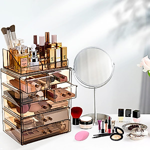 COMVTUPY Clear Makeup Organizer with Brush Holder, Large Acrylic Cosmetic Display Jewelry & Make Up Organizers and Storage for Vanity, Bathroom (3 Large, 4 Small Drawers, Brown)