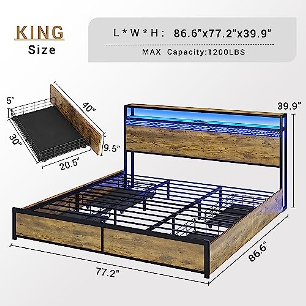ADORNEVE King Size Bed Frame with Drawers, LED Bed Frame with 2 Tier Storage Headboard and LED Lights, Metal King Platform Bed with Charging Station, Double-Row Support Bars, Noise-Free, Vintage Brown