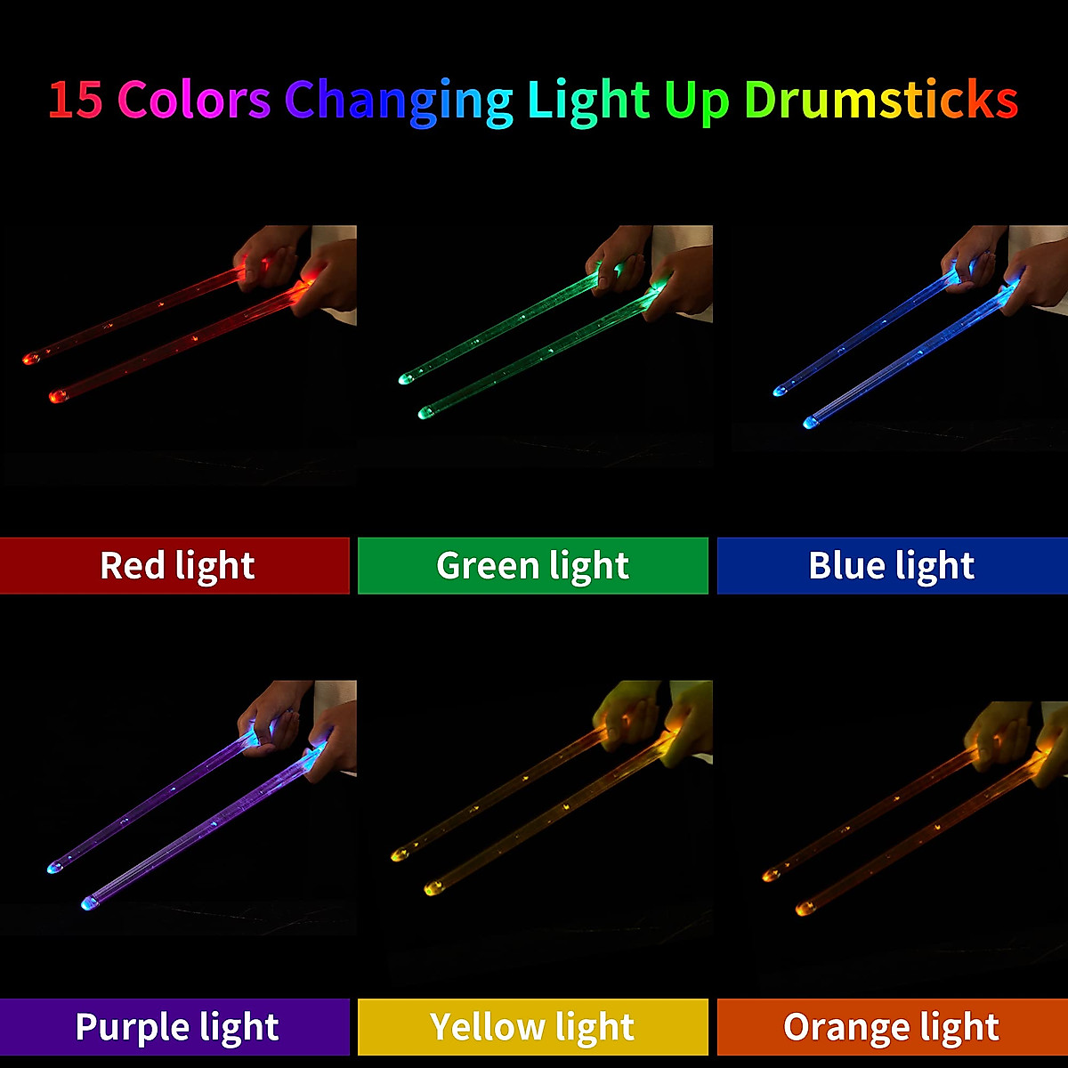 Rechargeable 15 Color Changing LED Light Up Drum Sticks With Storage Bag, Glow In The Dark Drumsticks, Drummer Gifts Glow Plastic Drum Sticks for Adults,Personalized Drum Sticks（２pcs／Pack）