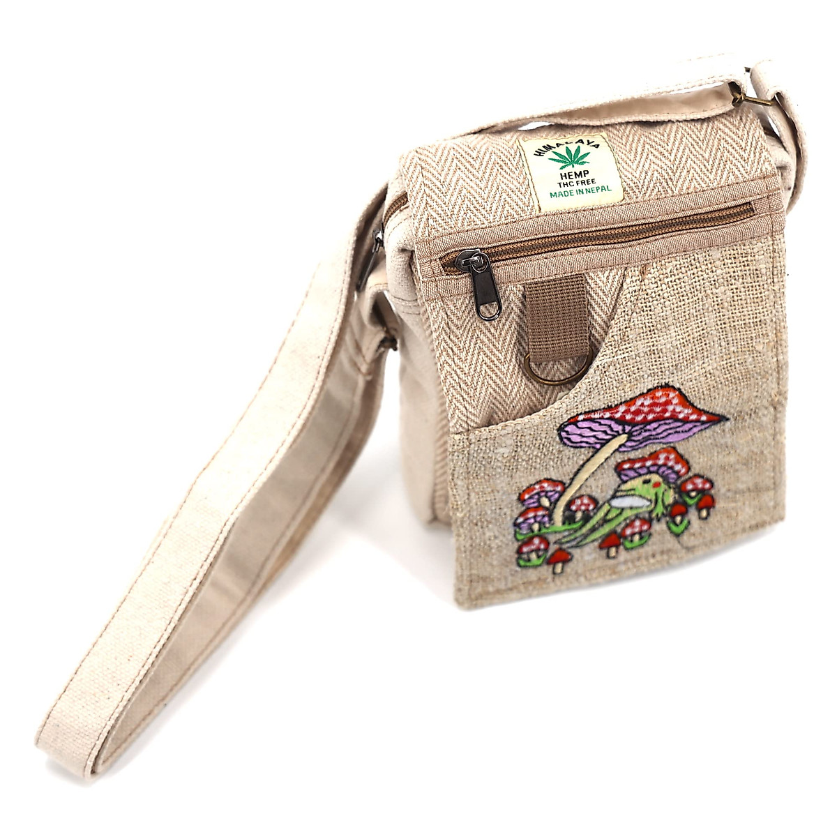 Unique design Mushroom Embroidery Hemp Hobo Passport crossbody bag Festival Travel Bag 100% Himalaya Hemp FAIR TRADE MADE Handmade with Love., Natural White