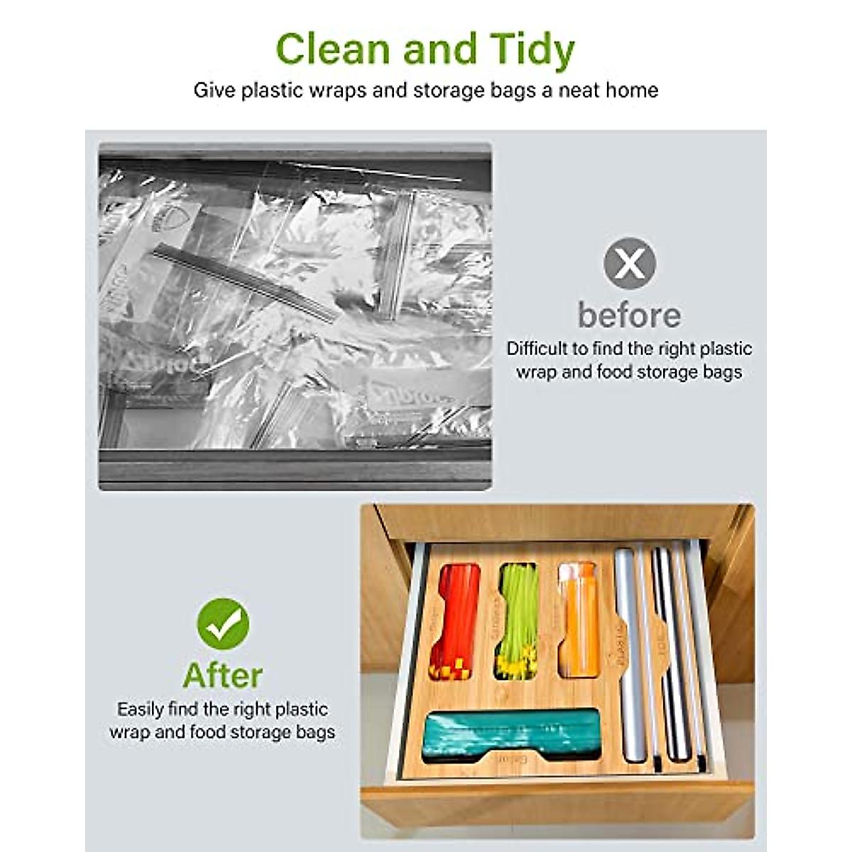 KOCWELL Bag Storage Organizer and Plastic Wrap Dispenser with Cutters, 2 Foil and Plastic Wrap Organizer, 4 Ziplock Bag Holder for Gallon, Quart, Sandwich Snack Variety Size Bags, Bamboo