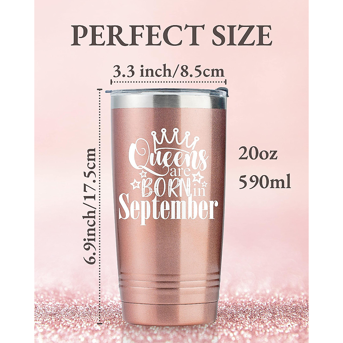 Onebttl Happy Birthday Tumbler for Women, Funny Birthday Gifts for Her, Girlfriend, Friends, Wife, Mom, Daughter, Sister, 20 oz Stainless Steel Cup with Lid, Queens are Born in September, Rose Gold