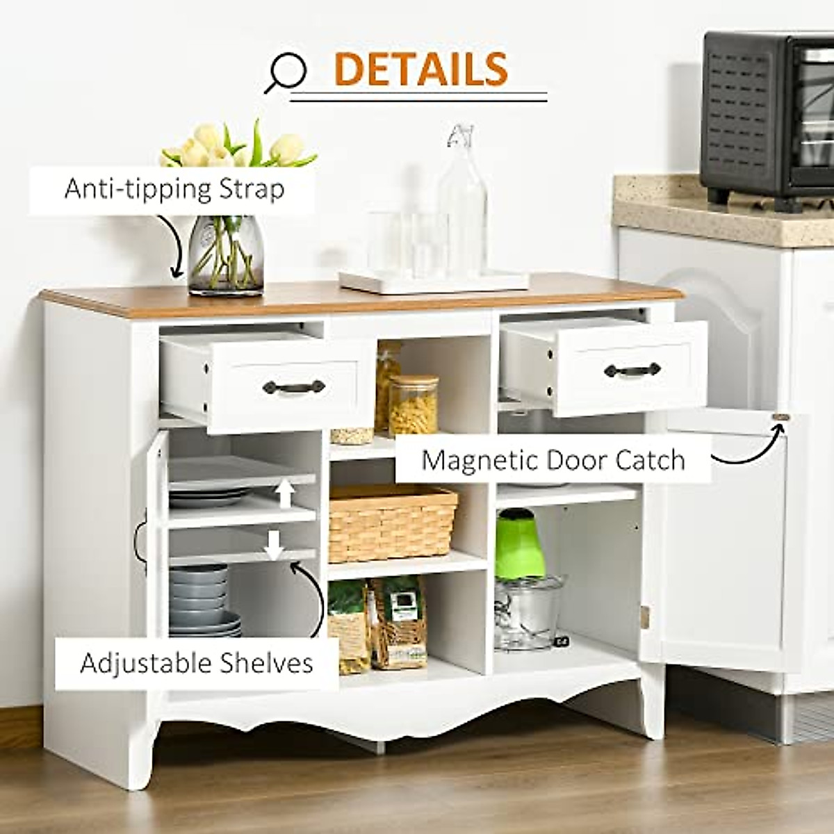 HOMCOM 42" Sideboard Buffet Cabinet, Accent Kitchen Cabinet, Coffee Bar Cabinet with Storage Drawers and Adjustable Shelves for Living Room, White