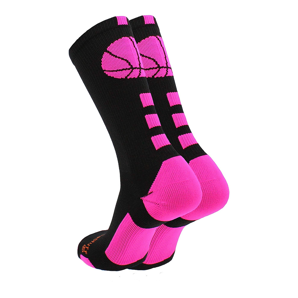 MadSportsStuff Basketball Socks with Basketball Logo Crew Socks (Black/Neon Pink, Small)