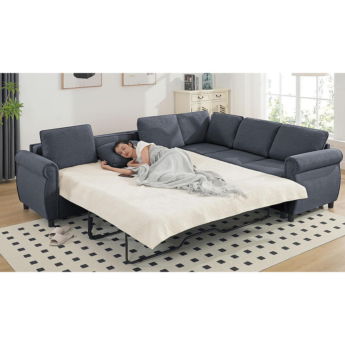 Plococo Sleeper Sofa with Queen Mattress, 2 in 1 Pull Out Couch Bed,6 Seater Sofa Bed, L Shaped Sleeper Sectional Sofa Couch,Riveted Sofa,104'' Large Combined Sofa in Living Room (Gray)